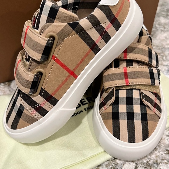 Burberry | Shoes | Burberry Tan And Black Check Sneakers With Velcro ...